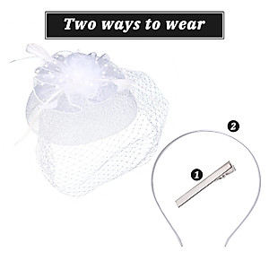 Yewong Fascinators Hat for Women Tea Party Headband Pillbox Kentucky Derby Hat Flower Cocktail Mesh Feathers Hair Clip Lace Gloves Pearl Necklace (White-1)