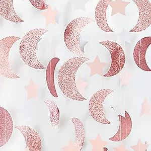 Pink Rose-Gold Moon-Star Party-Decorations Garland - 52Ft Twinkle Little Star Hanging Decoration Streamers Banner, Eid Ramadan Mubarak Decoration Birthday Wedding Baby Shower Party Decor Panduola