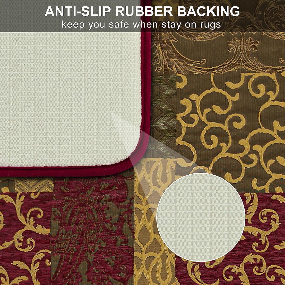 Loom and Mill Luxury Bathroom Rug Set 3 Pieces, Thick Chenille Memory Foam Bath Rugs Non Slip Absorbent Washable Bath Mats Set with U Shaped Toilet Mat for Bathroom, Toilet, Bedroom, Kitchen(Red&Gold)