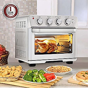 Ovente Air Fryer Toaster Oven, 1700W Stainless Steel Countertop Convection Oven Combo, 26 Qt Large Capacity with Accessories Perfect for Rotisserie and Dehydrator Chicken Pizza, Silver OFM2025BR
