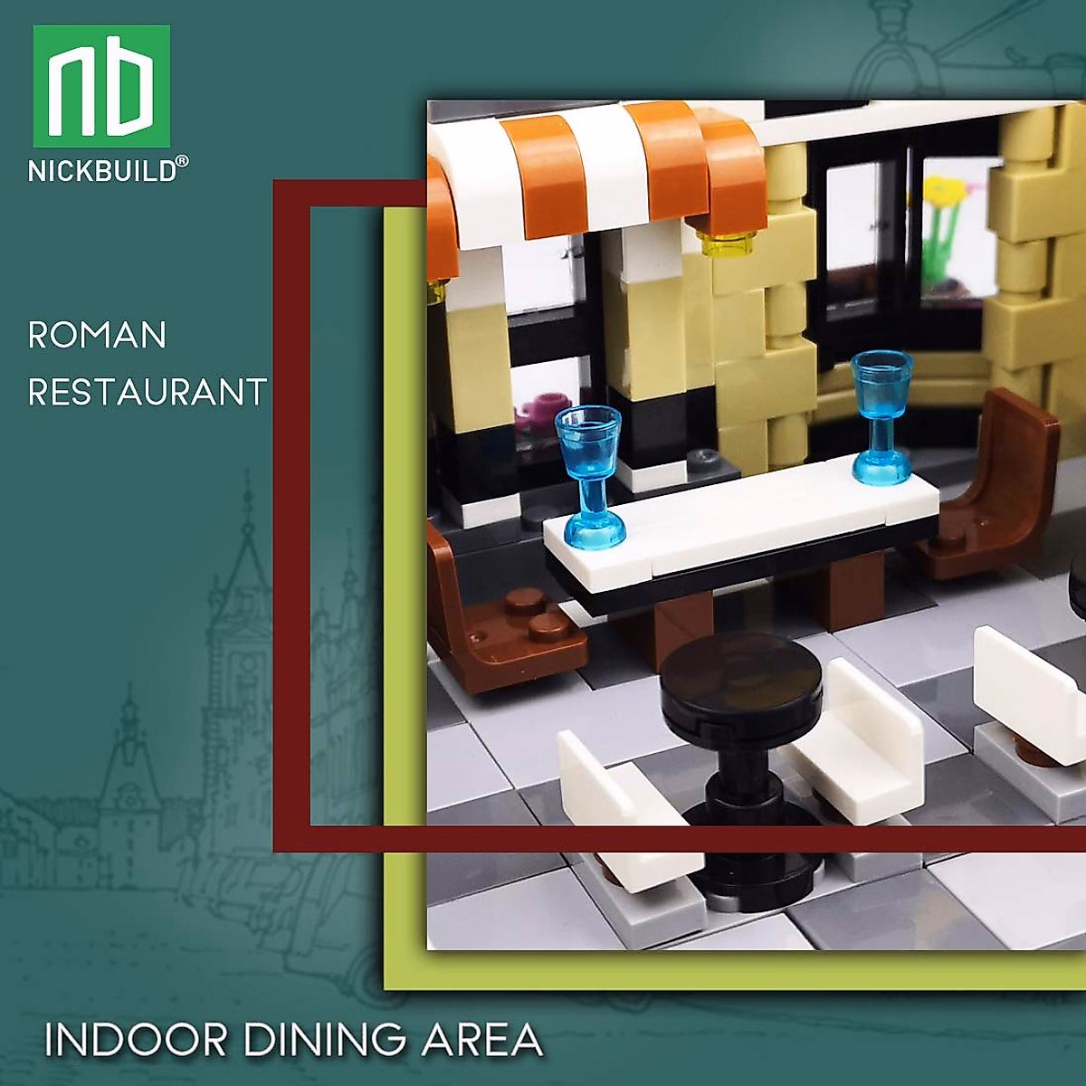 Nickbuild Street Roman Restaurant MOC Building Blocks Toy, Towns Series Kits, Collectible Play Model Set and Building City Toys for Kids and Teens (1186 PCS)