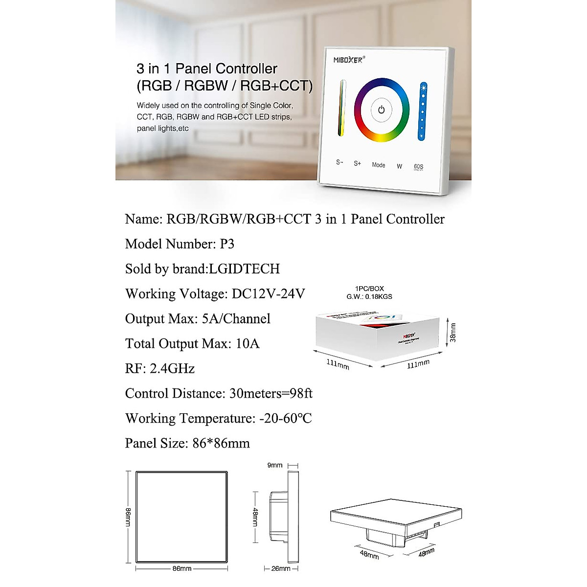 LGIDTECH P3 Miboxer Wall-Mounted Full Touch Panel Controller for 3528 5050 2835 RGB RGBW RGB+CCT Dimmable Color Changing LED Strip Lighting DC 12-24V 10A 120W 240W.Support Voice and DMX512 Control