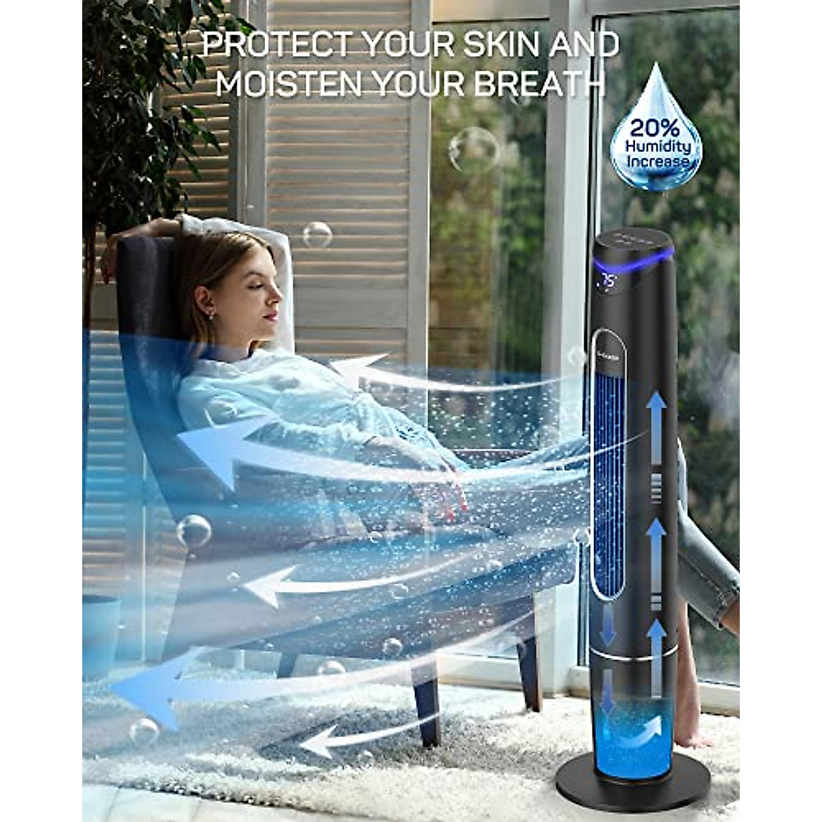Evaporative Air Cooler, 46" Swamp Cooler with Remote, 3-IN-1 Cooling Fan, Night light, Oscillating, Humidifying, 3 Modes, 3 Speeds, 8H Timer, 2 Ice Packs, Portable Air Cooler for Home Office Bedroom …