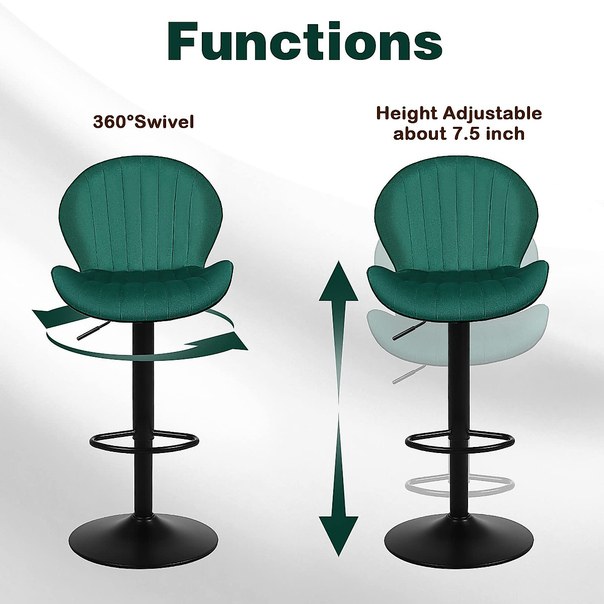 Youhauchair Modern Bar Stools Set of 2, Velvet Height Adjustable Swivel Barstools, Armless Kitchen Island Counter Chairs with Back & Footrest, Green
