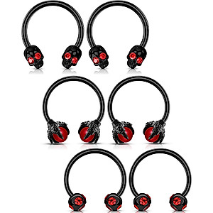 OUFER 6PCS Septum Nose Ring Hoop, 316L Stainless Steel Helix Earrings, Skull Daith Tragus Cartilage Piercing Jewelry, Claw Captive Bead Rings