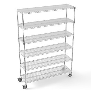 Dolonm 6-Tier Storage Shelves Wire Shelving Unit, 6000 LBS NSF Height Adjustable Shelves Organizer with Wheels, 18"L x 60"W x 87.5"H, Heavy Duty Garage Shelving for Restaurant, Office, Kitchen, Chrome
