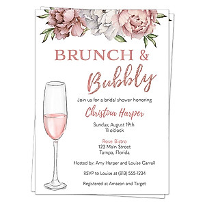 Brunch and Bubbly Bridal Shower Invitation Pink Glitter Rose Gold Floral Flowers Roses Champagne Mimosas Bachelorette Wedding Printed Cards Customized Personalized Cards (12 Count)