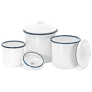 Red Co. White Enamelware Mug Pots with Blue Rim & Lid - Set of 3 Nesting Cups, Perfect for Picnic, Camping, Outdoor Activity
