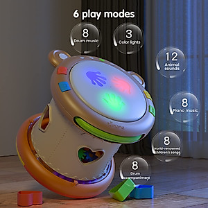 TUMAMA Baby Drum 3 in1, Baby Light Up Toys with Sounds, Musical Toys for Toddlers 1-3, Baby Musical Toys for Girls Boys, Brown Kids Drum