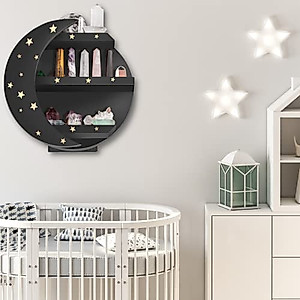 MMOBILITY CHAMAMA Black Moon Shelf with Stars, Wiccan Decor, Moon Shaped Shelf for Crystals, Moon Decor, Wooden Moon Shelf, Bathroom Decor, Crystal Shelf (Early American)