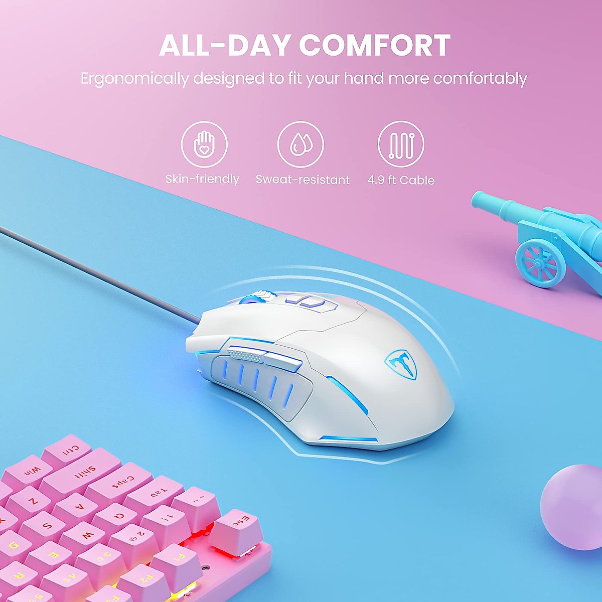 Lizsword Wired Gaming Mouse, PC Gaming Mice [Breathing RGB LED] [Plug Play] High-Precision Adjustable 7200 DPI, 7 Programmable Buttons, Ergonomic Computer USB Mouse Windows/PC/Mac/Laptop Gamer-White