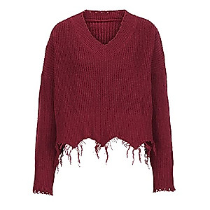 Womens V Neck Knit Sweater Long Sleeve Ripped Pullover Loose Fit Warm Knitted Jumper Crop Tops Sweaters Wine