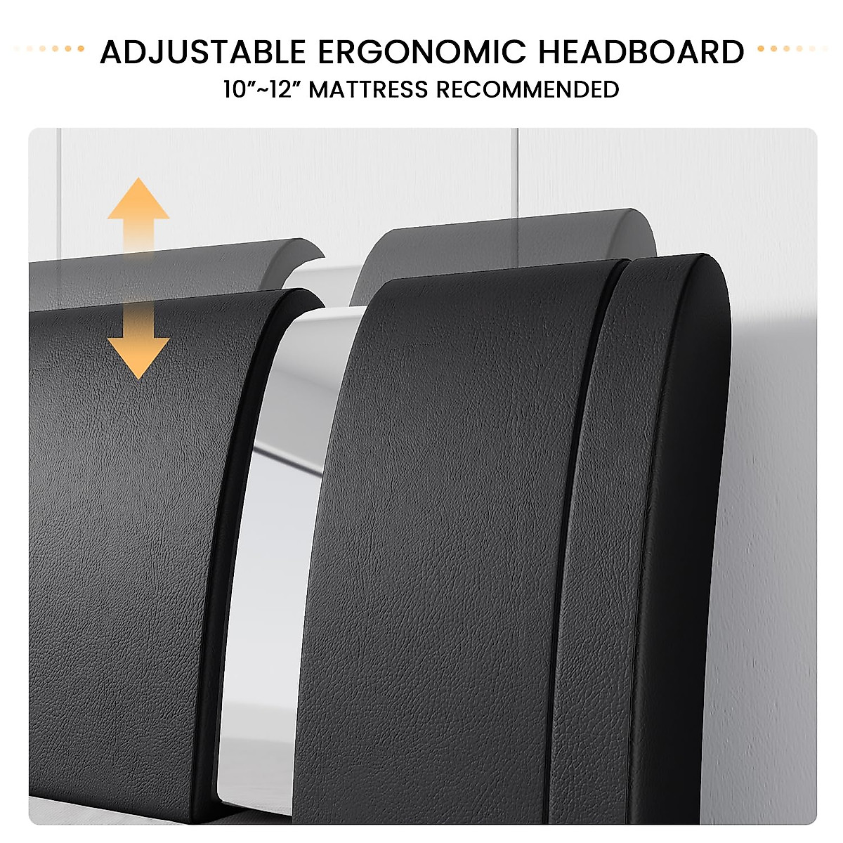 SHA CERLIN King Size Bed Frame with Iron Pieces Decor and Adjustable Headboard/Deluxe Upholstered Modern Platform Bed with Solid Wooden Slats Support/No Box Spring Needed, Black