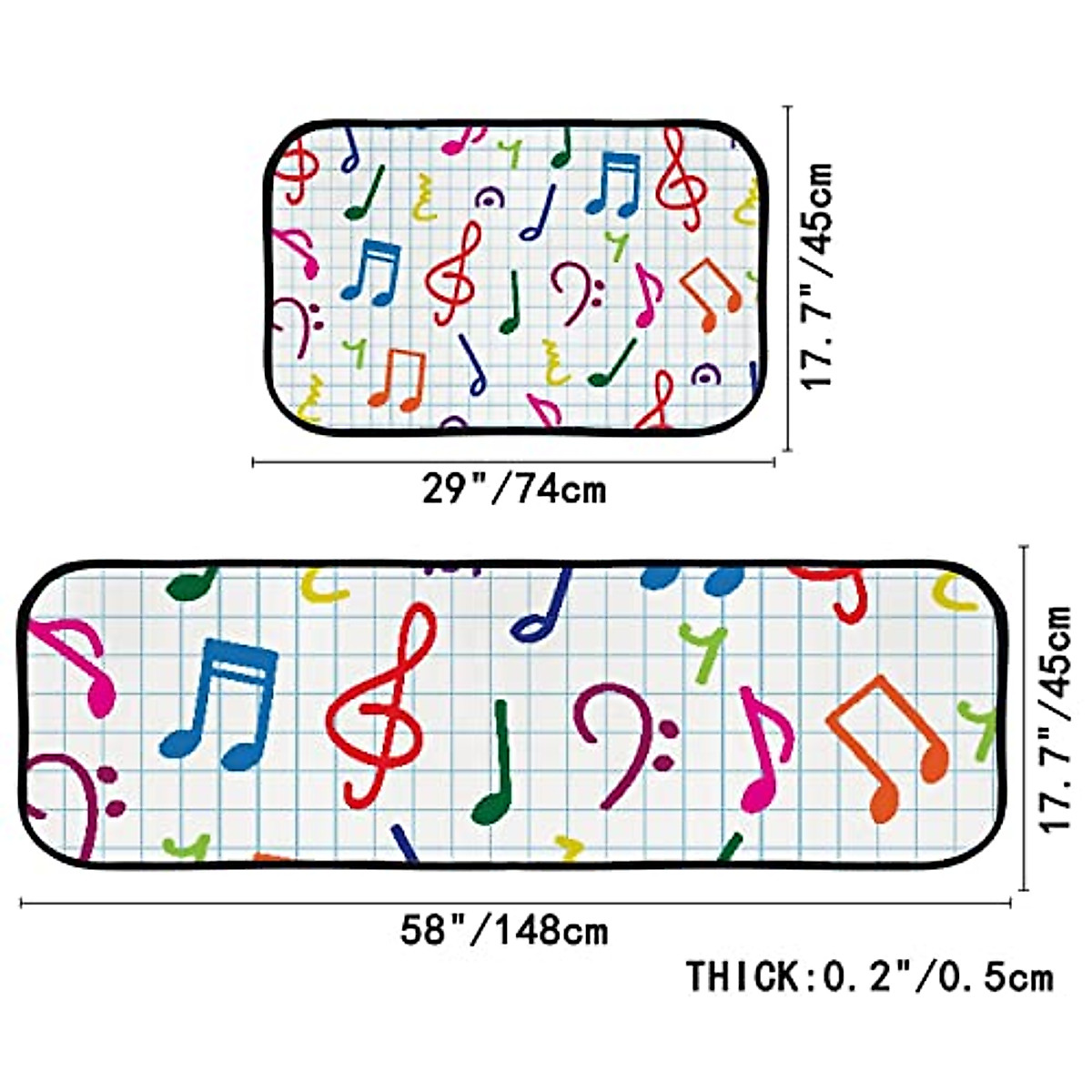Vantaso Kitchen Floor Mat Rug Music Notes Set of 2 Cushioned Non-Slip Comfort Runner Rugs
