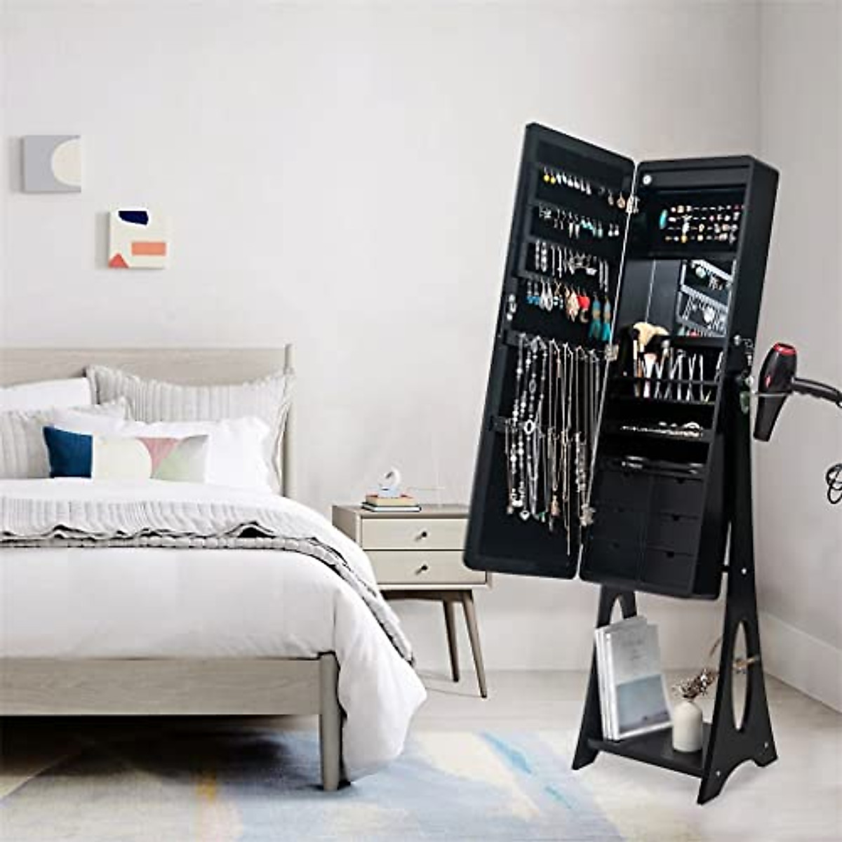 CZDYUF Full-length Full-body Jewelry Cabinet 2-tier Storage Rack 6 Drawers With Hair Dryer Rack With LED Light