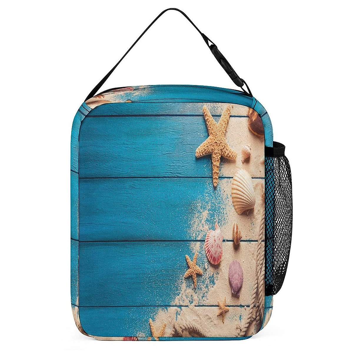 MINBHEBYUD Blue Wooden Board Starfish Shells Lunch Bag for Men Women, Insulated Lunch Bags for Office Work, Reusable Portable Lunch Box