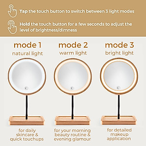 Kimikata LED Lighted Makeup Mirror Vanity Light Up Mirror with 3 Lights, Cordless USB Rechargeable Battery, Rotation, Small Bamboo Wood Beauty Storage Organizer, Tabletop Stand, Circular Ring Light