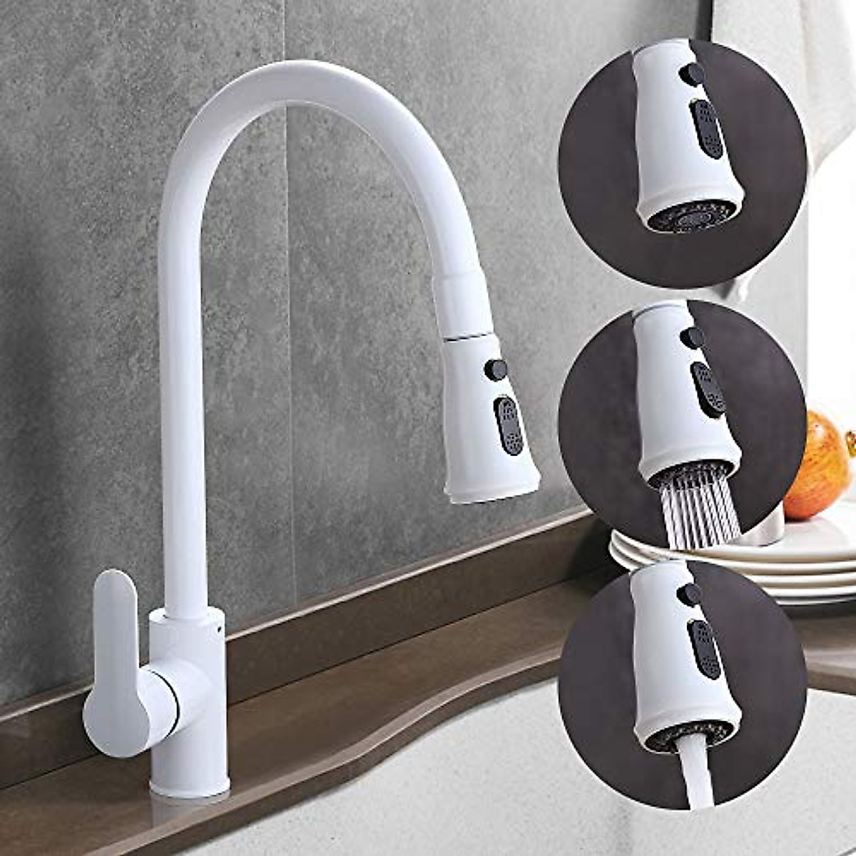 Yawhite Sleek White Kitchen Faucet with Pull Out Sprayer, 360 Degree Swiveling 3-Function Single Handle Modern Pull Down Kitchen Faucet(White)