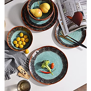 Gufaith Melamine Dinnerware Sets 12 Pcs, Plates and Bowls Sets for 4, Camping Plates, Unbreakable Dinnerware Set, Melamine Plates, Lightweight, BPA free, Dishwasher Safe, Blue with Brown