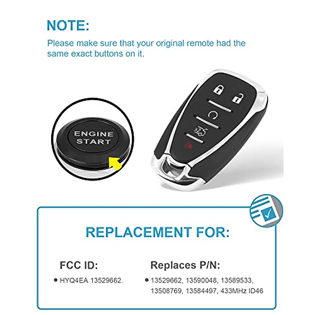 Keyless Entry Remote Car Key Fob for Chevy Malibu 2016-2021, Chevy Cruze 2016-2019, Chevy Camaro 2016-2021, 433MHz ID46 Chip 5 Button, HYQ4EA 13529662