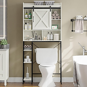 Over The Toilet Storage Cabinet, Farmhouse Storage Cabinet Over Toilet with Sliding Door & Toilet Paper Holder Stand，Home Space-Saving Toilet Rack, for Bathroom, Restroom, Laundry