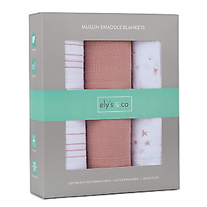 Ely's & Co. Muslin Swaddle Blanket 3-Pack for Baby Girl — 100% Cotton Muslin Extra-Large Swaddle Blankets (47” x 47”) — (Mauve Pink Stars │ Solid Dusty Rose │ Dusty Rose Stripes)