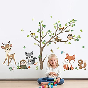 decalmile Woodland Animals Tree Wall Stickers Fox Deer Owl Wall Decals Baby Nursery Kids Bedroom Living Room Wall Decor