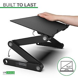 WorkEZ PROFESSIONAL Ergonomic Aluminum Laptop Cooling Stand Lap Desk Tray for Bed Couch. Foldable adjustable height angle tilt notebook computer riser folding desktop holder portable, Black