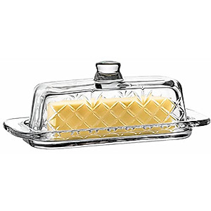 Royalty Art Glass Butter Dish with Lid, Single Stick Container with Handle Cover, Rustic Farmhouse or Vintage Boho Kitchen Accessory, Clear