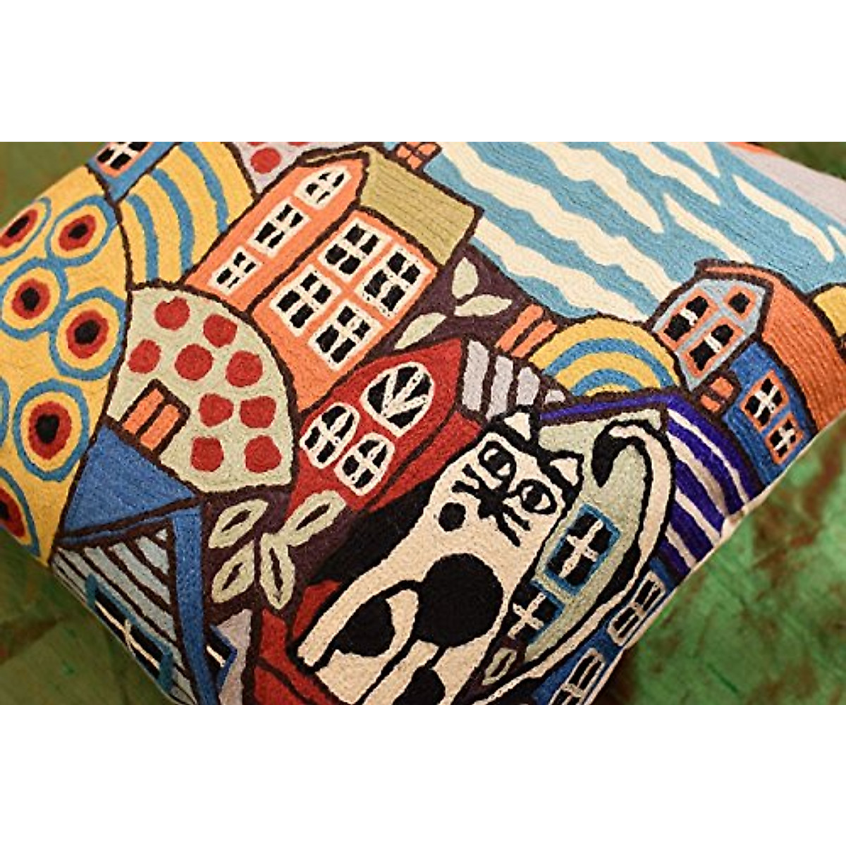 Kashmir Designs Blue Coastal Throw Pillow Cover | Karla Gerard Seaside Cat Pillow | Folklore Pillowcase | Nautical Chair Cushion | Flower Couch Pillow | Hand Embroidered Cushions Wool Size - 18x18