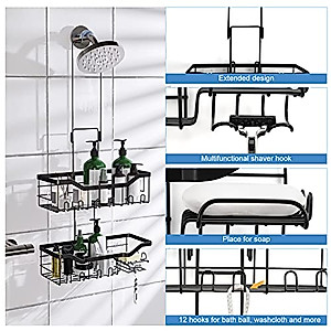 Joqixon Shower Caddy, UPGRADED Extended Length Shower Caddy Over Shower Head No Blocking to Shower Head, Rustproof Shower Organizer with Hooks Shampoo Soap Holder, Bathroom Large Hanging Shower Caddy