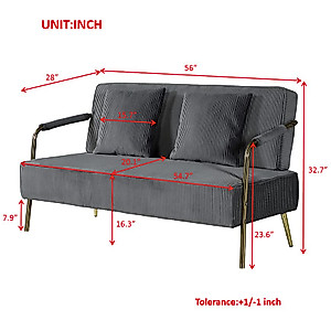 KAIBIJI Velvet Loveseat Sofa Couch，56” Modern Upholstered Sofa Pleated Velvet Loveseat Comfy 2 Seater Small Sofa Couch with Gold Metal Legs for Bedroom Living Room Small Spaces (Grey)
