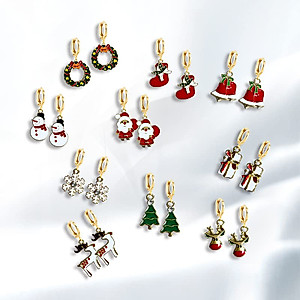 Just Follow 10 Pairs Christmas Hoop Huggie Earrings for Women Christmas Stud Earrings Christmas Trees Bells Snowflakes Earrings for Girls Thanksgiving Xmas Holiday Jewelry (10 Pairs-Gold)