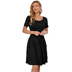 AUSELILY Women's Short Sleeve Summer Dress Pleated Loose Swing Knee Length Dresses with Pockets 2025 New Black L
