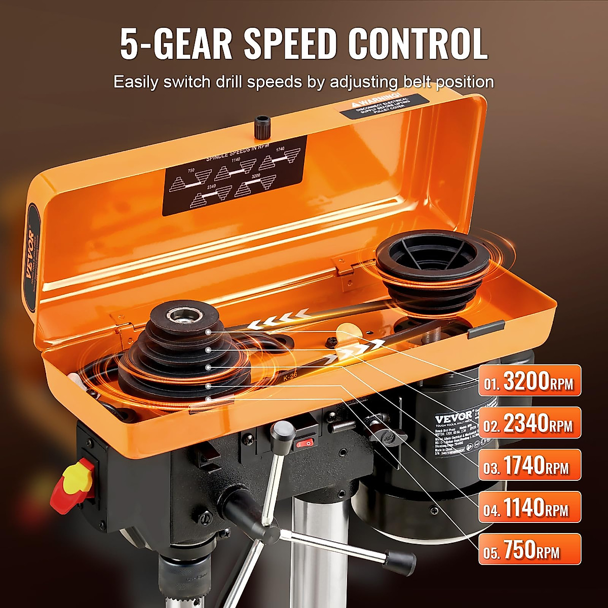 VEVOR 8 in Benchtop Drill Press, 2.3A Induction Motor, Tabletop Drilling Machine with 750/1140 / 1740/2340 / 3200 RPM Adjustable Speed, 0-45° Tilting Worktable, LED Work Light, for Wood Metal