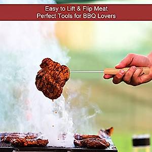 Leonyo 2 Pack Pigtail Food Flipper, 12 Inch Meat Hook Flippers Turners with Stainless Steel Shafts, Substitutes of Grill Tongs, Spatulas, Forks for Kitchen Cooking BBQ, Wooden Handles, Right Handed