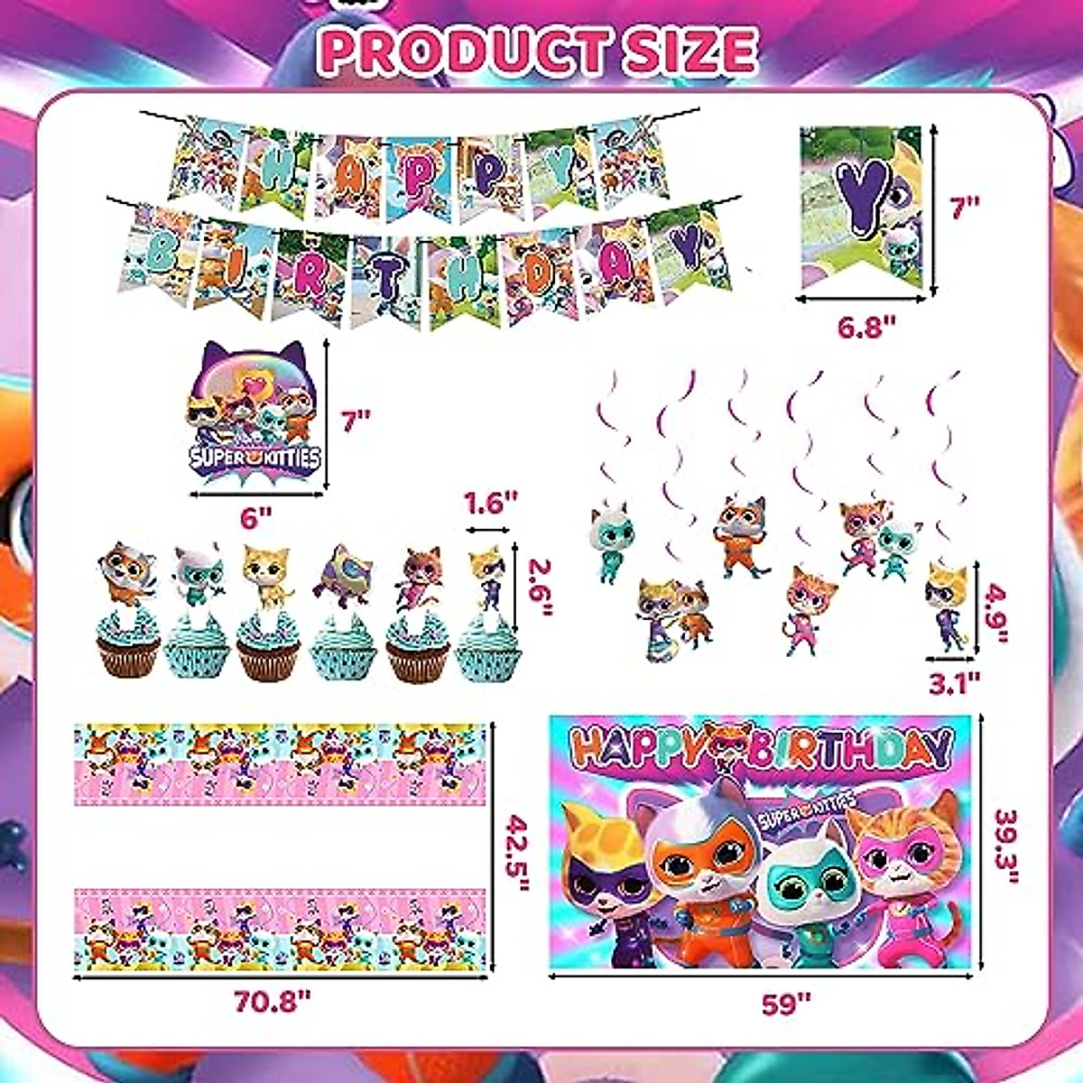 153 Pcs Super cat Birthday Party Supplies, Cute Kitten Party Decorations Include Banner, Balloons, Tableware, Cupcake Toppers, Tablecloth, Backdrop, Pink Kitten Themed Party Decorations for Girls