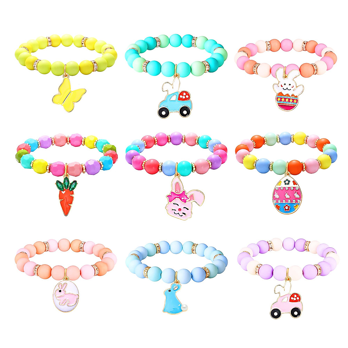 NVENF Easter Bracelets Cute Easter Egg Bunny Charm Bracelet for Women Colorful Stackable Beaded Stretch Bracelets Holiday Party Favors Jewelry Set