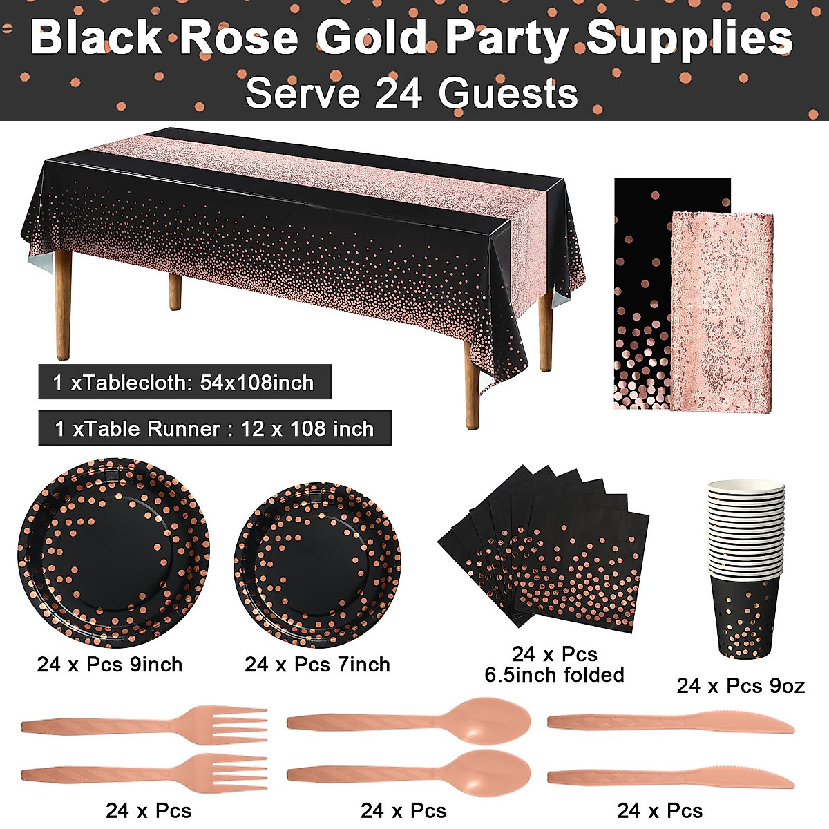 Capoda Black and Rose Gold Party Supplies Serve 24 Guest Rose Gold Dot on Black Paper Plate Napkin Cup Disposable Tablecloth Sequin Table Runner Cutlery for Wedding Bridal Shower Birthday Decorations