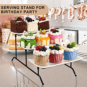 Tanlade 2 Pcs Tiered Serving Stand 3 Tier Serving Tray with 3 Porcelain Serving Platters Ceramic Tiered Serving Trays Platters with Detachable Metal Rack Dessert Table Display Set Stable for Party