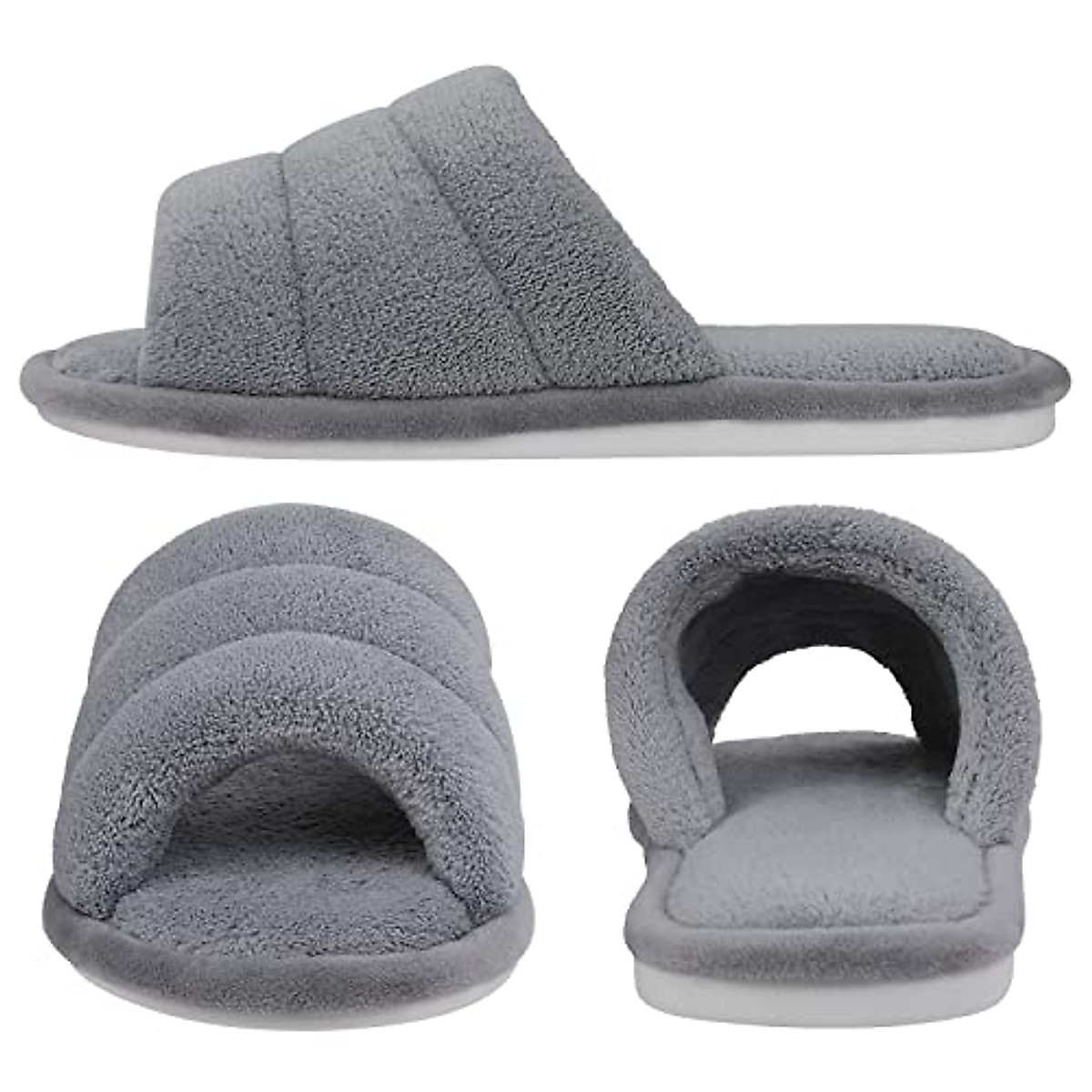shevalues Unisex Terry Cloth Open Toe Slippers Womens Memory Foam Slip On House Slippers Shoes, Grey, 7.5-8.5 Women/6-7 Men