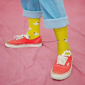 KONY 5 Pack Women's Cute Animal Socks Cotton Cat Dog Duck Patterned Novelty Fun Crew Socks Gift Size 6-9 (Ducks)