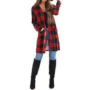 Dressmine Women's Long Sleeve Open Front Cardigan Buffalo Plaid Knitted Maxi Sweater Coat Outwear Red X_Large