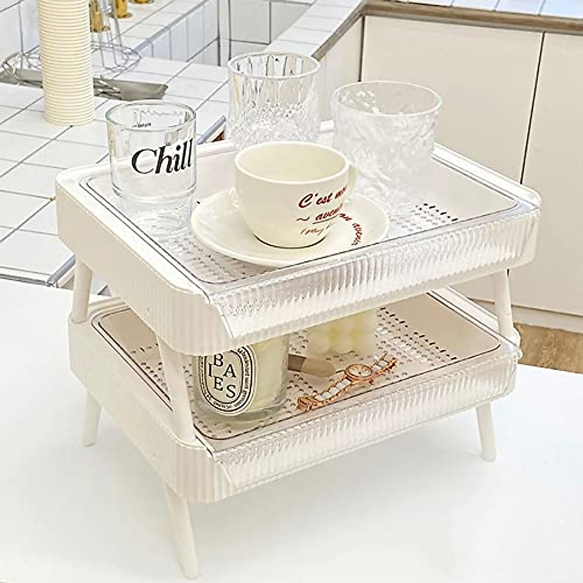 YISONHO 2-Tier Bathroom Countertop Organizer Makeup Shelf Dish Rack with Removable Drain Tray, Cosmetic, Toiletries Bathroom Tray, Kitchen Spice Rack Counter Shelf Organizers (White)
