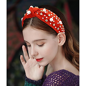Atoden Red Wide Top Knot Headband with Pearl Rhinestone for Women's Hair Embellished Headbands Non Slip Sparkly Hair Bands Fashion Hair Accessories