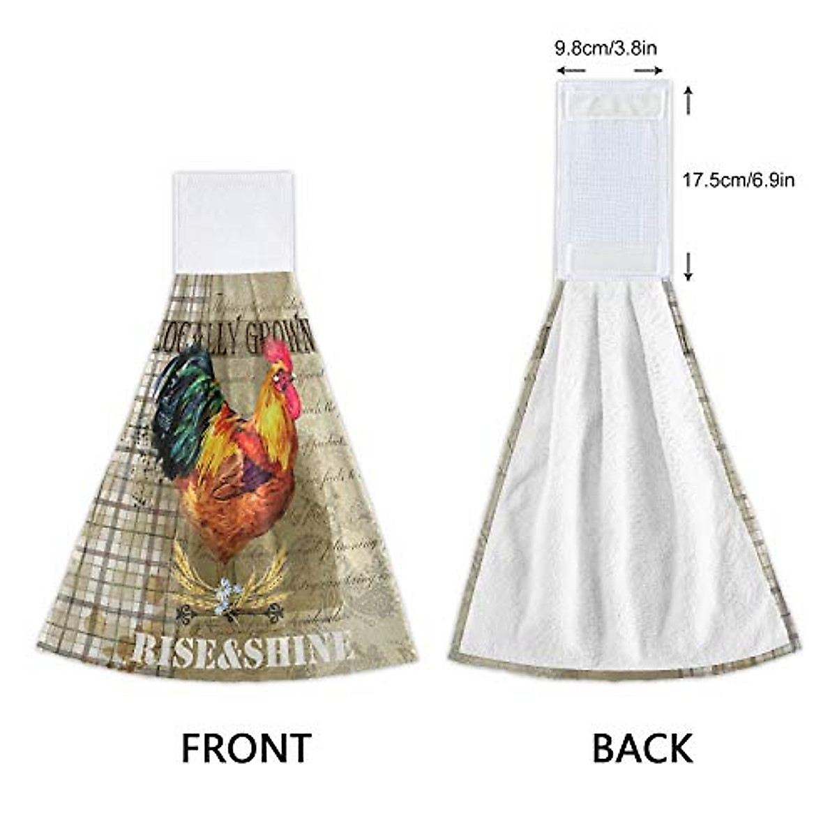 Rooster Daisy Plaid Kitchen Hanging Towel 12 x 17 Inch Flowers Chicken Wheat Hand Tie Towels Set 2 Pcs Tea Bar Dish Cloths Dry Towel Soft Absorbent Durable for Bathroom Laundry Room Decor