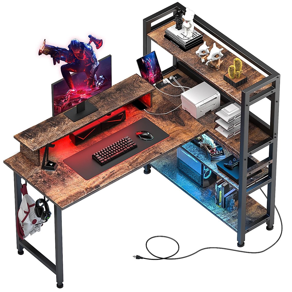 COMHOMA Gaming L Shaped Computer Desk, 55" Home Office Desk with Shelves, L Shape Computer Corner Desk with Charging Port, Gaming Table Power Outlet Build in, LED Writing Desk with Monitor Stand Brown