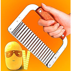 Super Leader Crinkle Cutting Tool French Fry Slicer Stainless Steel Blade Wooden Handle Vegetable Salad Chopping Knife for chopping veggies, cutting fruit, potato, soap, waffle fries, pickle (Arc) (1)