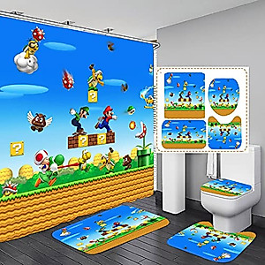 Super Mario Bathroom 4 Pieces Set Shower Curtain, Toilet Lid Cover and Bath Mat, Non-Slip Rugs, Durable and Waterproof, for Bathroom Decor Set, 72" x 72"