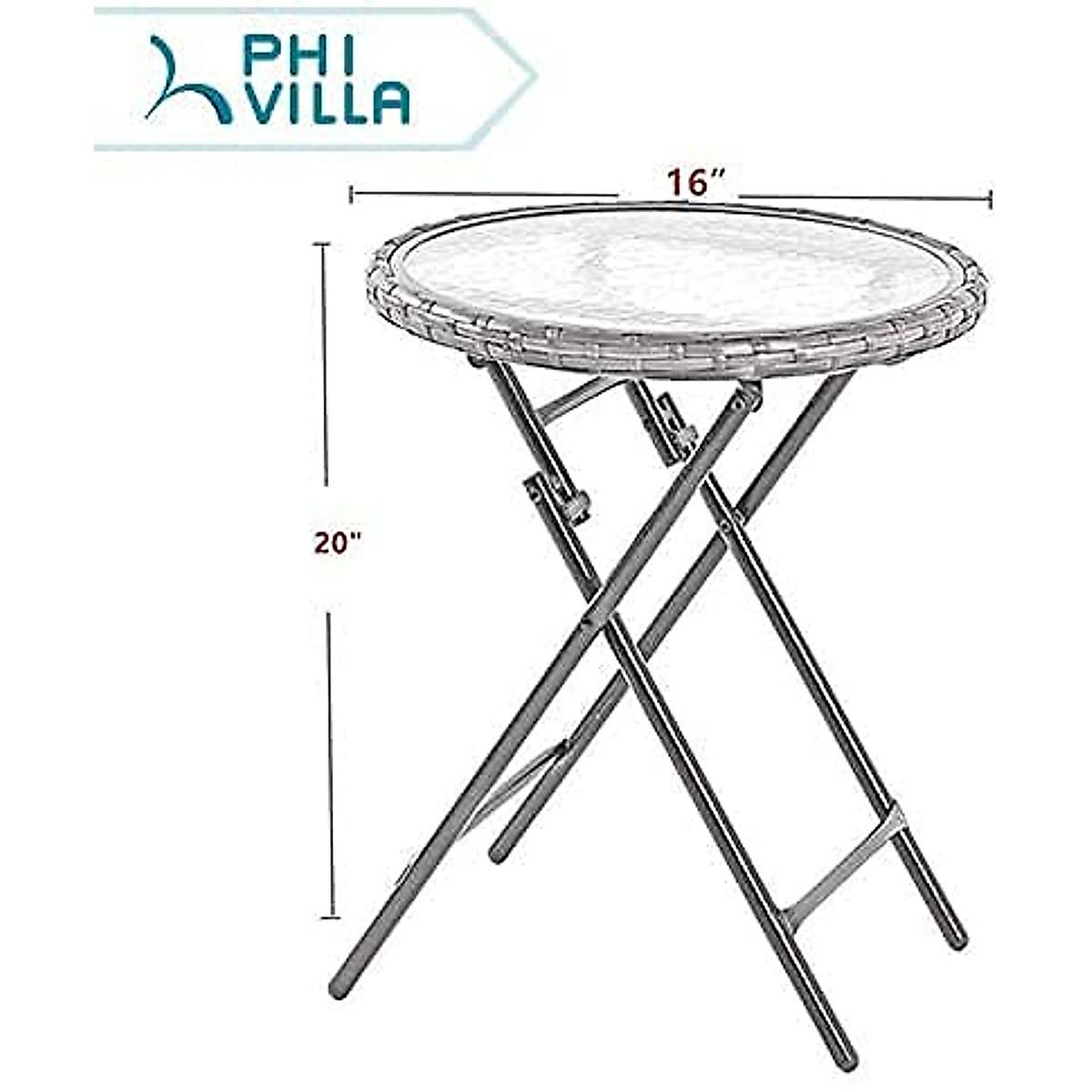PHI VILLA Outdoor Side Tables-Foldable Patio Rattan Table with Tempered Glass Table Top and High-Strength Thickened Iron Pipe Bracket for Patio Outdoor Sofa and Chair in Garden,2 Pack